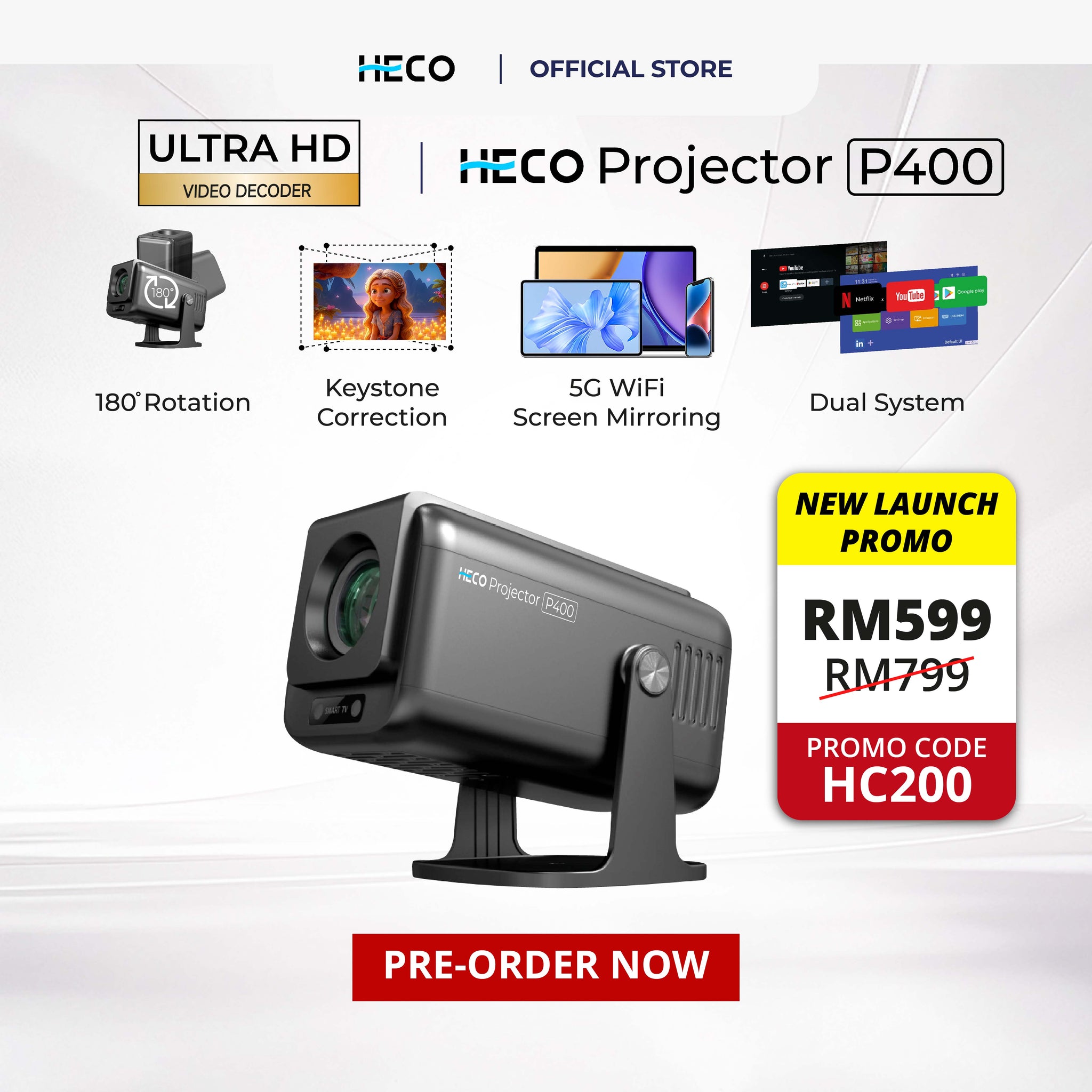 Heco P400 Smart Projector｜400 ANSI | 3600 Lumens | Dual UI System